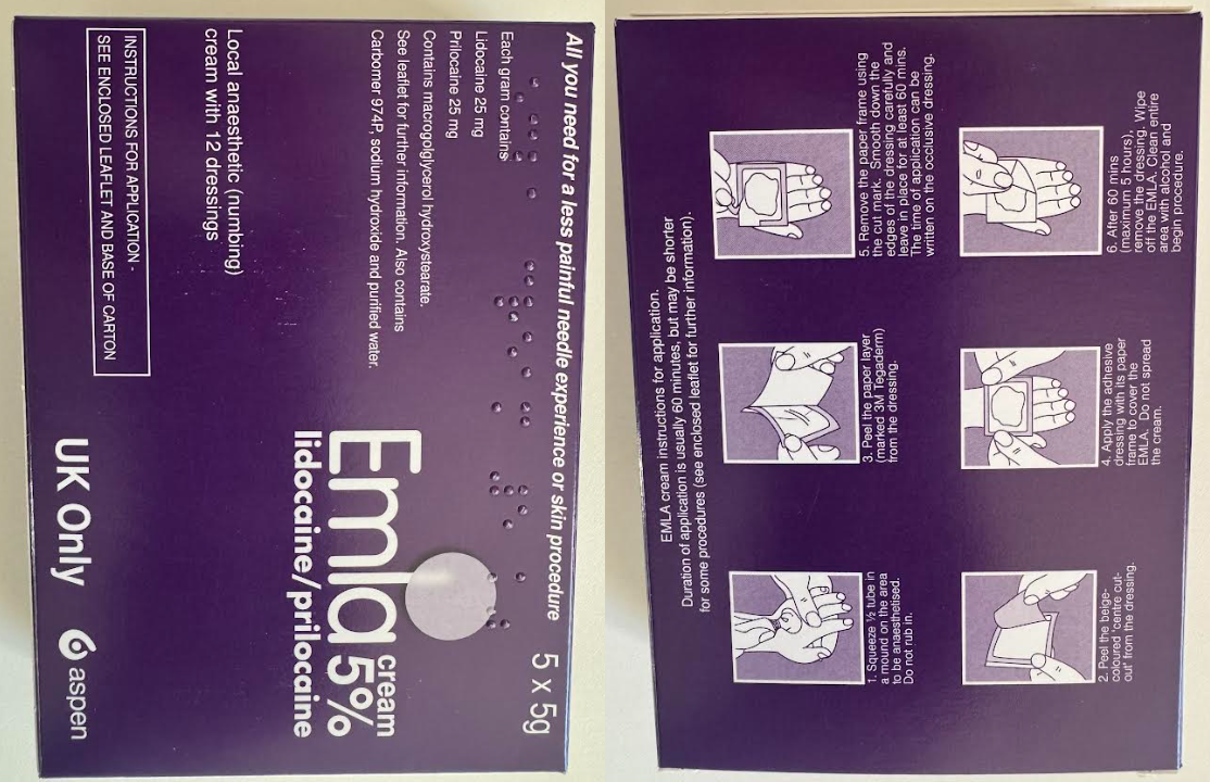 EMLA Cream 5% | Lidocaine & Prilocaine | 5 x 5g Tubes + 12 Dressings ...