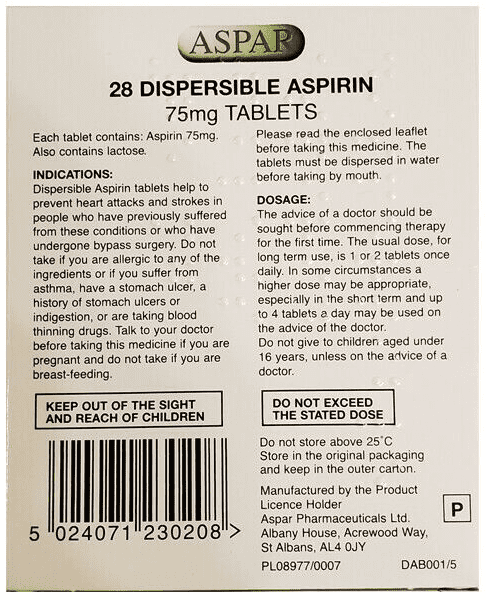 Buy Aspirin Dispersible Tablets 75mg | OnlinePharmacy4u – UK Meds Online